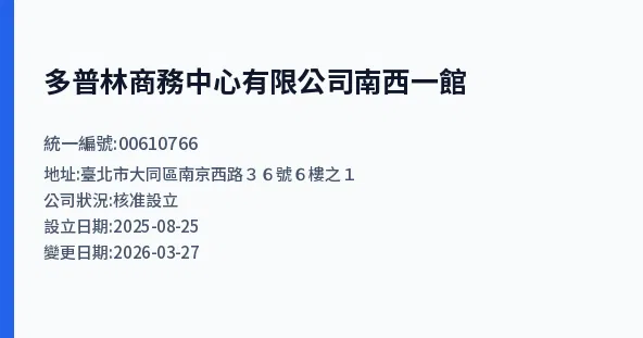 多普林商務中心有限公司南西一館的照片-統編 00610766(臺北市) 公司登記資料與營業項目詳細圖表