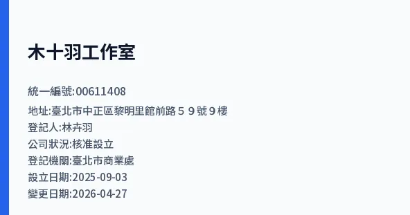 木十羽工作室的照片-統編 00611408(臺北市) 公司登記資料與營業項目詳細圖表