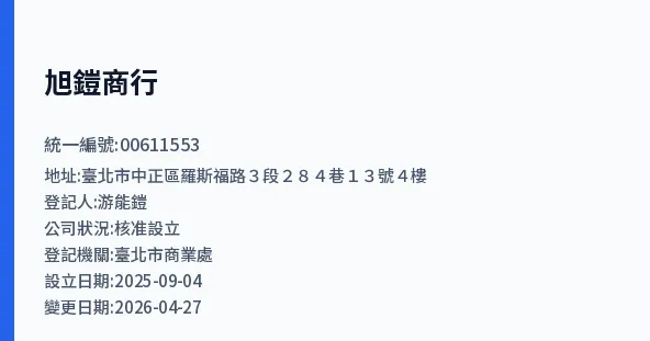 旭鎧商行的照片-統編 00611553(臺北市) 公司登記資料與營業項目詳細圖表
