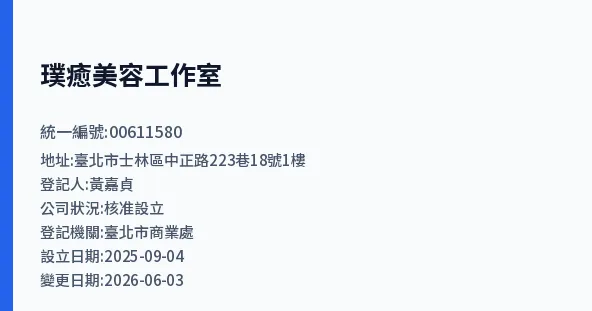 璞癒美容工作室的照片-統編 00611580(臺北市) 公司登記資料與營業項目詳細圖表