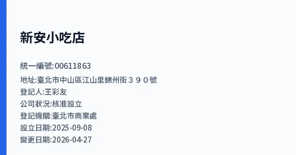 新安小吃店的照片-統編 00611863(臺北市) 公司登記資料與營業項目詳細圖表