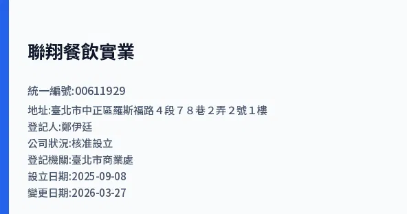 聯翔餐飲實業的照片-統編 00611929(臺北市) 公司登記資料與營業項目詳細圖表