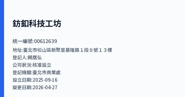 鈁釦科技工坊的照片-統編 00612639(臺北市) 公司登記資料與營業項目詳細圖表