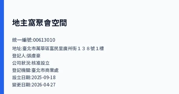 地主窩聚會空間的照片-統編 00613010(臺北市) 公司登記資料與營業項目詳細圖表