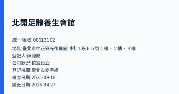 北開足體養生會館的照片-統編 00613102(臺北市) 公司登記資料與營業項目詳細圖表