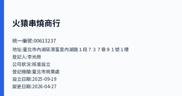 火猿串燒商行的照片-統編 00613237(臺北市) 公司登記資料與營業項目詳細圖表