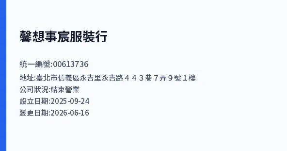 馨想事宸服裝行的照片-統編 00613736 公司登記資料與營業項目詳細圖表