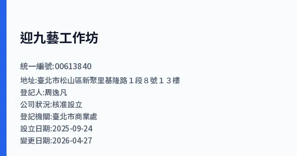 迎九藝工作坊的照片-統編 00613840(臺北市) 公司登記資料與營業項目詳細圖表