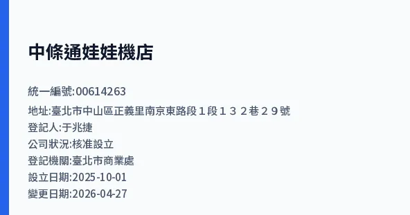 中條通娃娃機店的照片-統編 00614263(臺北市) 公司登記資料與營業項目詳細圖表
