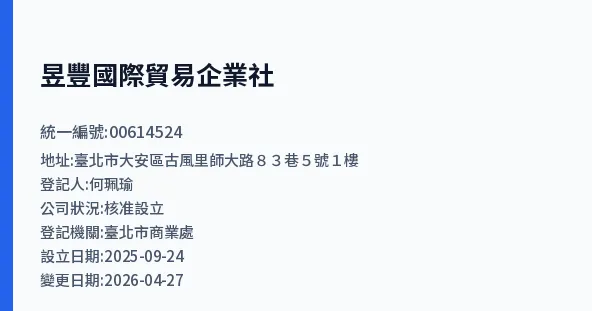 昱豐國際貿易企業社的照片-統編 00614524(臺北市) 公司登記資料與營業項目詳細圖表