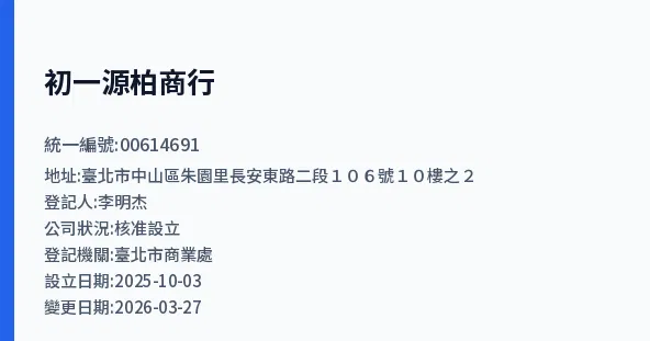 初一源柏商行的照片-統編 00614691(臺北市) 公司登記資料與營業項目詳細圖表