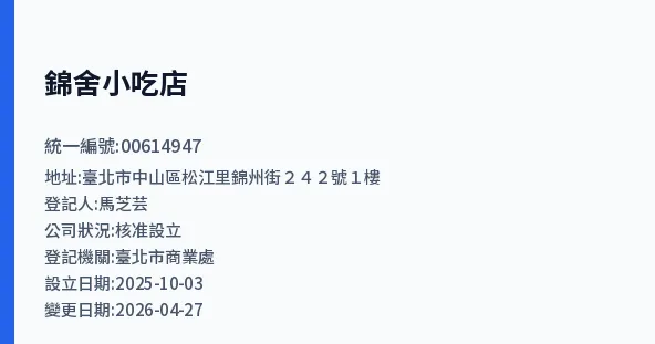 錦舍小吃店的照片-統編 00614947(臺北市) 公司登記資料與營業項目詳細圖表