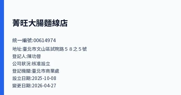 菁旺大腸麵線店的照片-統編 00614974(臺北市) 公司登記資料與營業項目詳細圖表