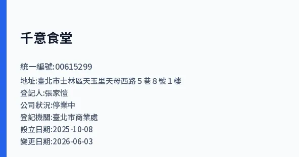 千意食堂的照片-統編 00615299(臺北市) 公司登記資料與營業項目詳細圖表