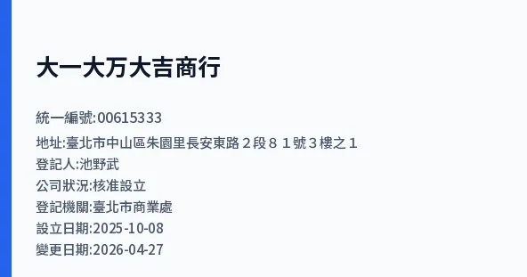 大一大万大吉商行的照片-統編 00615333(臺北市) 公司登記資料與營業項目詳細圖表