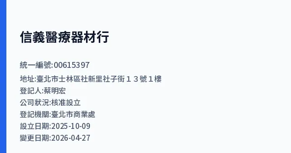 信義醫療器材行的照片-統編 00615397(臺北市) 公司登記資料與營業項目詳細圖表