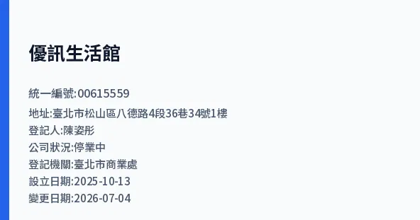 優訊生活館的照片-統編 00615559(臺北市) 公司登記資料與營業項目詳細圖表