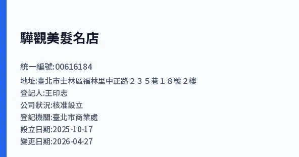驊觀美髮名店的照片-統編 00616184(臺北市) 公司登記資料與營業項目詳細圖表