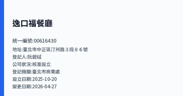 逸口福餐廳的照片-統編 00616430(臺北市) 公司登記資料與營業項目詳細圖表