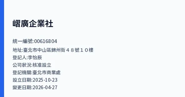嶍廣企業社的照片-統編 00616804(臺北市) 公司登記資料與營業項目詳細圖表