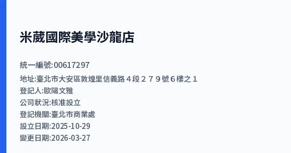 米葳國際美學沙龍店的照片-統編 00617297(臺北市) 公司登記資料與營業項目詳細圖表