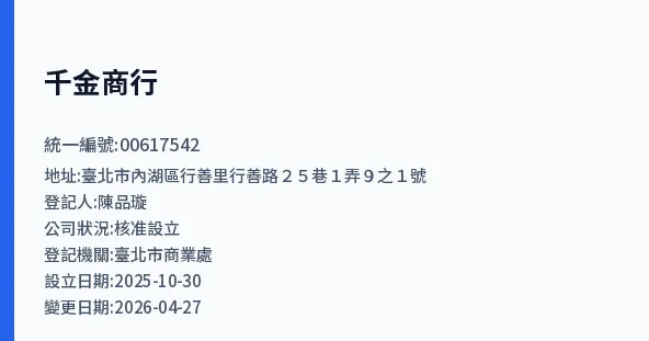 千金商行的照片-統編 00617542(臺北市) 公司登記資料與營業項目詳細圖表