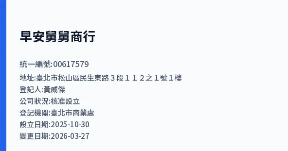 早安舅舅商行的照片-統編 00617579(臺北市) 公司登記資料與營業項目詳細圖表