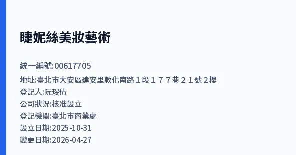 睫妮絲美妝藝術的照片-統編 00617705(臺北市) 公司登記資料與營業項目詳細圖表
