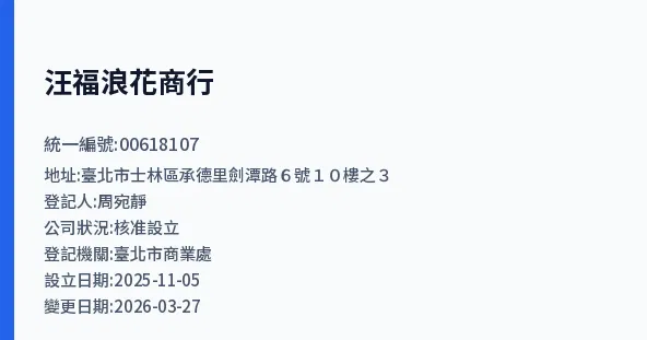 汪福浪花商行的照片-統編 00618107(臺北市) 公司登記資料與營業項目詳細圖表