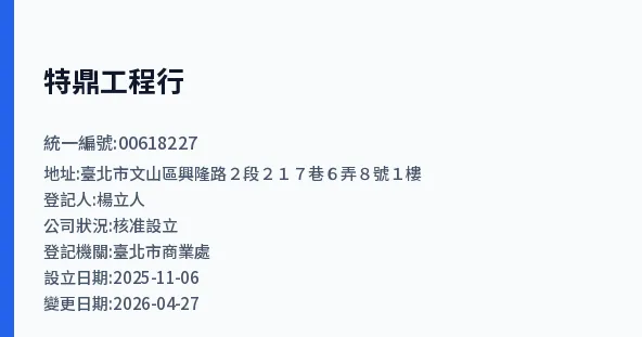 特鼎工程行的照片-統編 00618227(臺北市) 公司登記資料與營業項目詳細圖表