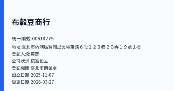 布穀豆商行的照片-統編 00618275(臺北市) 公司登記資料與營業項目詳細圖表