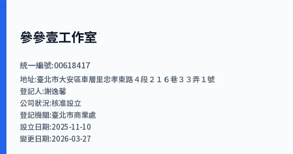 參參壹工作室的照片-統編 00618417(臺北市) 公司登記資料與營業項目詳細圖表