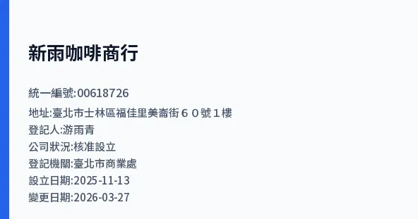 新雨咖啡商行的照片-統編 00618726(臺北市) 公司登記資料與營業項目詳細圖表