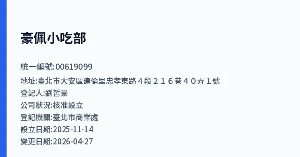 豪佩小吃部的照片-統編 00619099(臺北市) 公司登記資料與營業項目詳細圖表