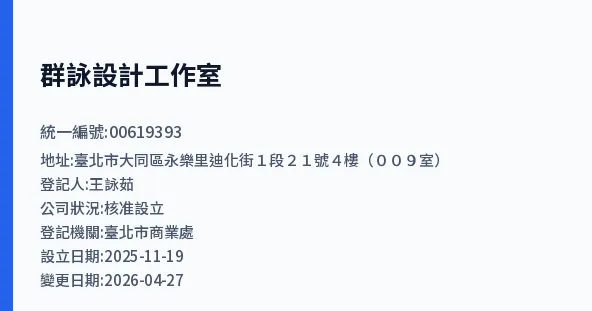 群詠設計工作室的照片-統編 00619393(臺北市) 公司登記資料與營業項目詳細圖表