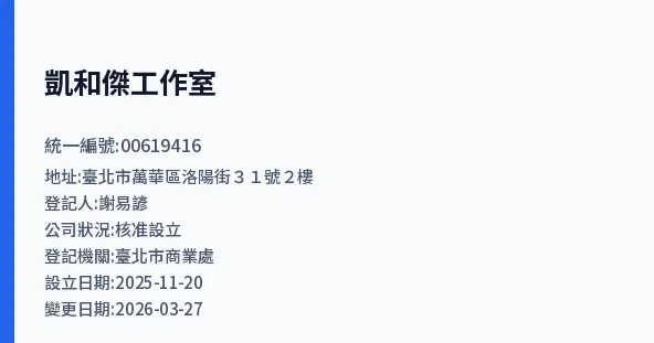 凱和傑工作室的照片-統編 00619416(臺北市) 公司登記資料與營業項目詳細圖表