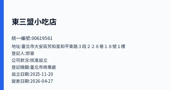 東三盟小吃店的照片-統編 00619561(臺北市) 公司登記資料與營業項目詳細圖表