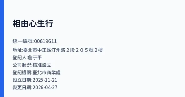 相由心生行的照片-統編 00619611(臺北市) 公司登記資料與營業項目詳細圖表