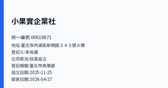 小果實企業社的照片-統編 00619871(臺北市) 公司登記資料與營業項目詳細圖表