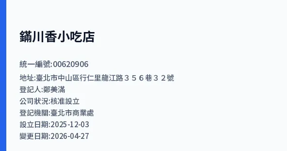 鏋川香小吃店的照片-統編 00620906(臺北市) 公司登記資料與營業項目詳細圖表