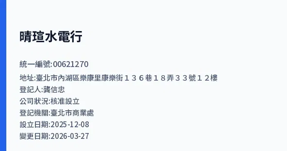 晴瑄水電行的照片-統編 00621270(臺北市) 公司登記資料與營業項目詳細圖表
