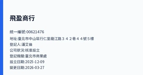 飛盈商行的照片-統編 00621476(臺北市) 公司登記資料與營業項目詳細圖表