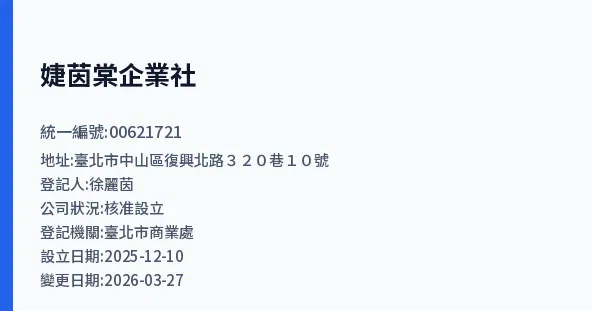 婕茵棠企業社的照片-統編 00621721(臺北市) 公司登記資料與營業項目詳細圖表