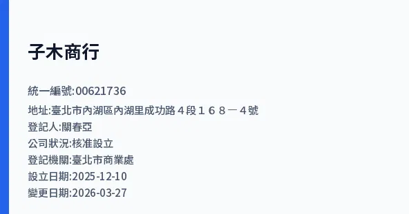 子木商行的照片-統編 00621736(臺北市) 公司登記資料與營業項目詳細圖表