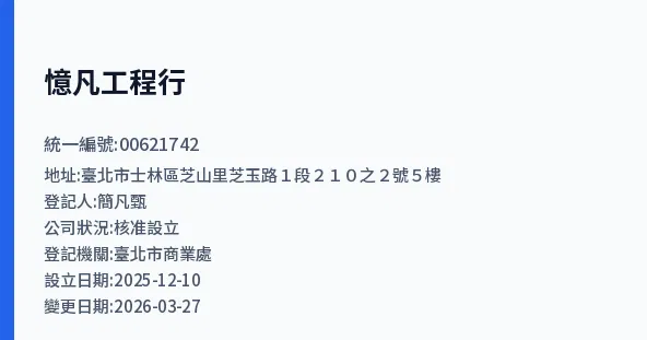 憶凡工程行的照片-統編 00621742(臺北市) 公司登記資料與營業項目詳細圖表