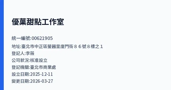 優菓甜點工作室的照片-統編 00621905(臺北市) 公司登記資料與營業項目詳細圖表
