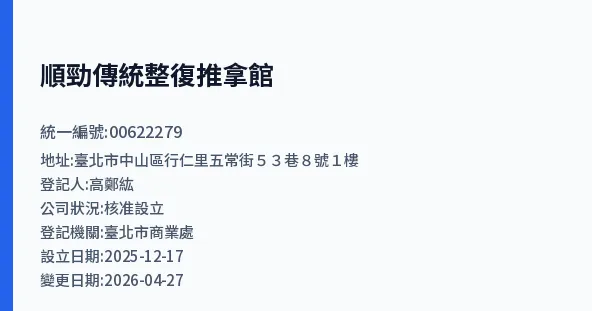 順勁傳統整復推拿館的照片-統編 00622279(臺北市) 公司登記資料與營業項目詳細圖表