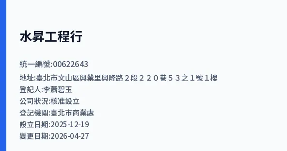 水昇工程行的照片-統編 00622643(臺北市) 公司登記資料與營業項目詳細圖表