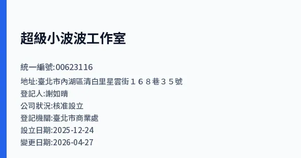 超級小波波工作室的照片-統編 00623116(臺北市) 公司登記資料與營業項目詳細圖表