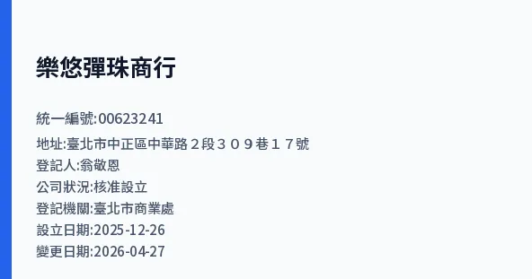 樂悠彈珠商行的照片-統編 00623241(臺北市) 公司登記資料與營業項目詳細圖表